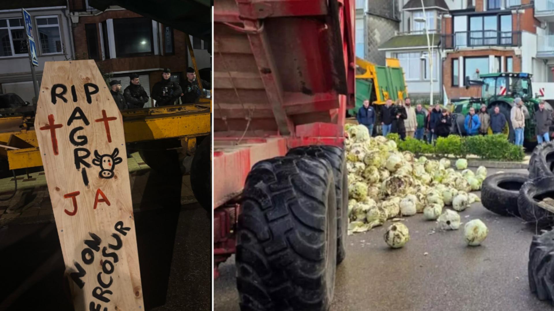 Fermierii francezi, proteste cu varză stricată și sicrie în fața casei ...